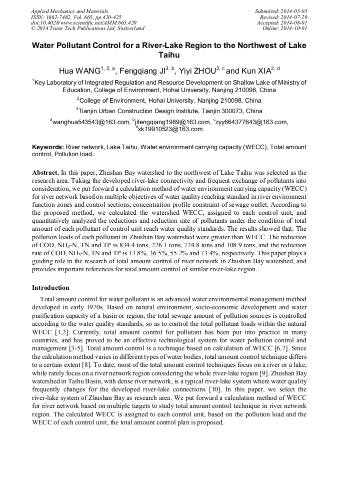 Water Pollutant Control for a River-Lake Region to the Northwest of ...