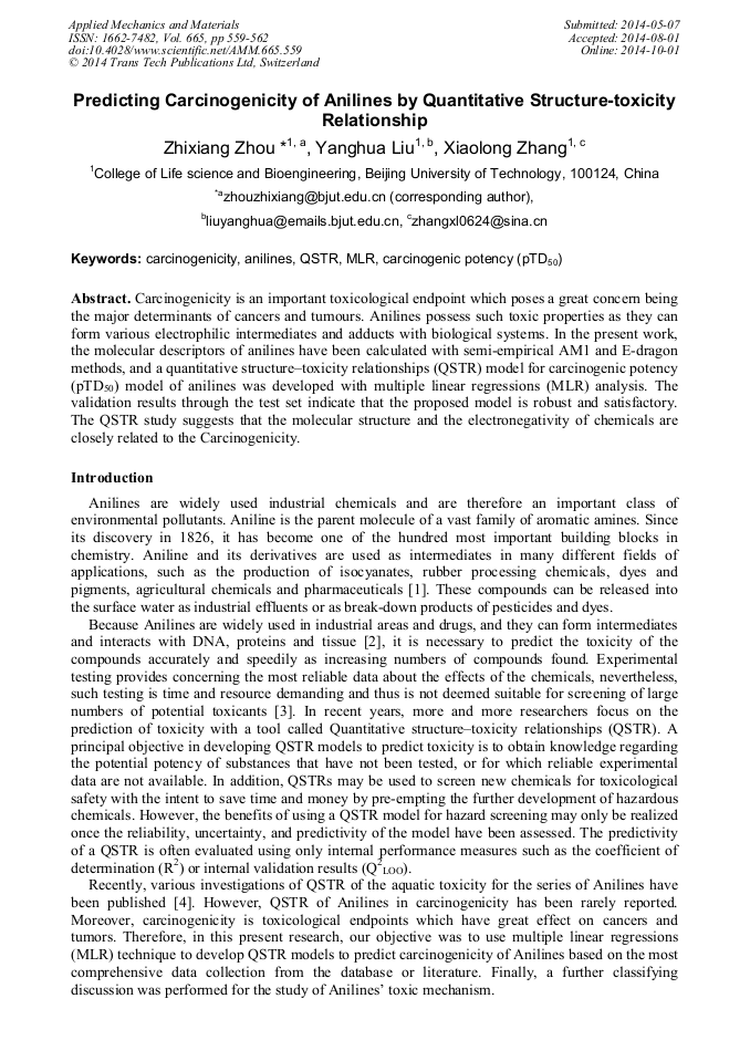 Predicting Carcinogenicity of Anilines by Quantitative Structure ...