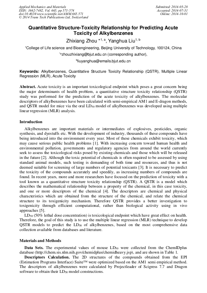 Quantitative Structure-Toxicity Relationship for Predicting Acute ...
