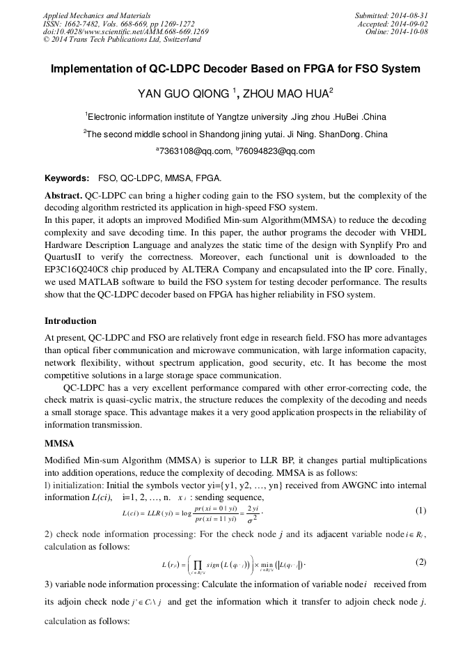 Implementation of QC-LDPC Decoder Based on FPGA for FSO System ...