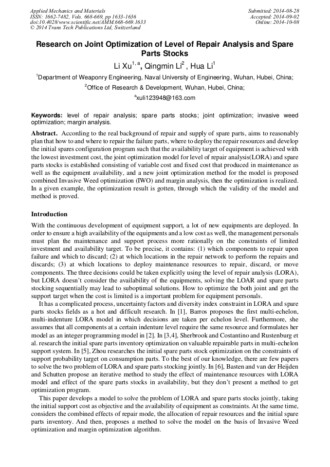 Research On Joint Optimization Of Level Of Repair Analysis And Spare Parts Stocks Scientific Net