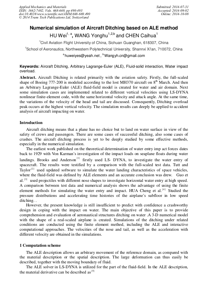 Numerical Simulation of Aircraft Ditching Based on ALE Method ...