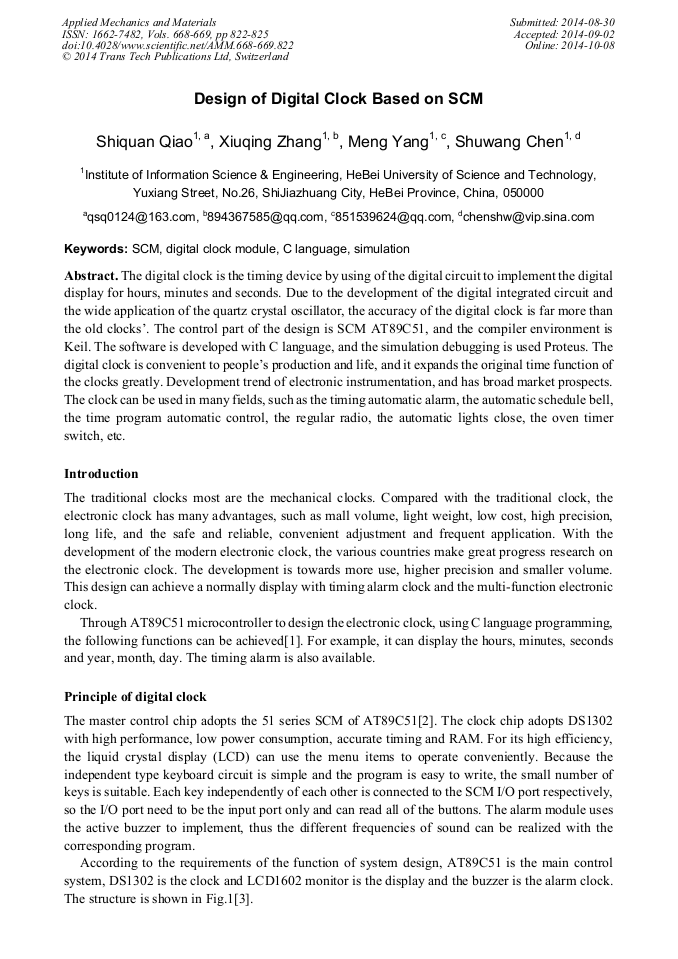 Design of Digital Clock Based on SCM | Scientific.Net