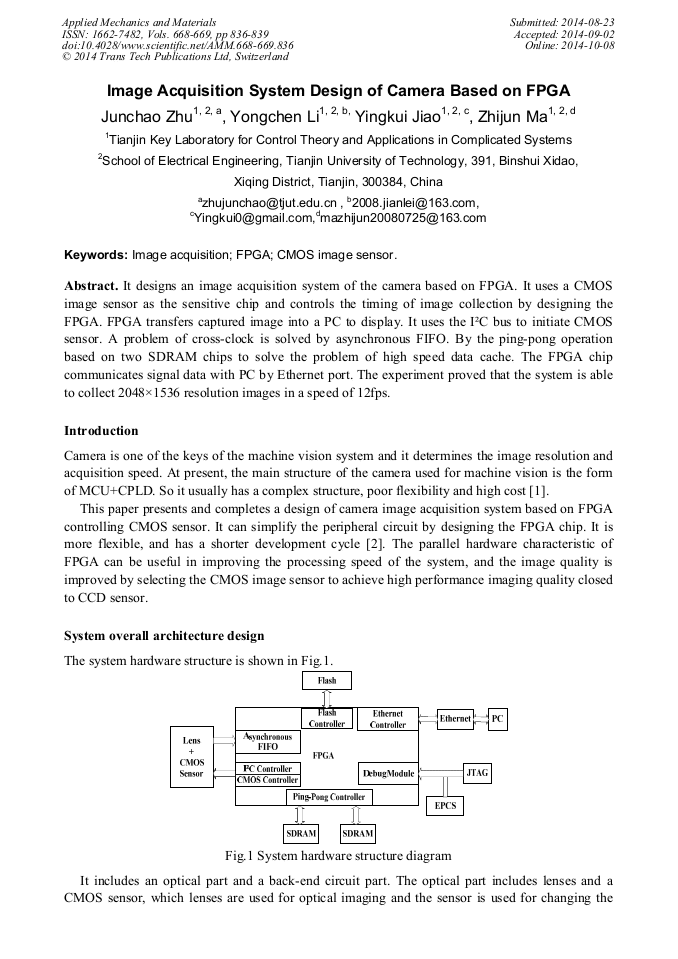 Image Acquisition System Design of Camera Based on FPGA | Scientific.Net
