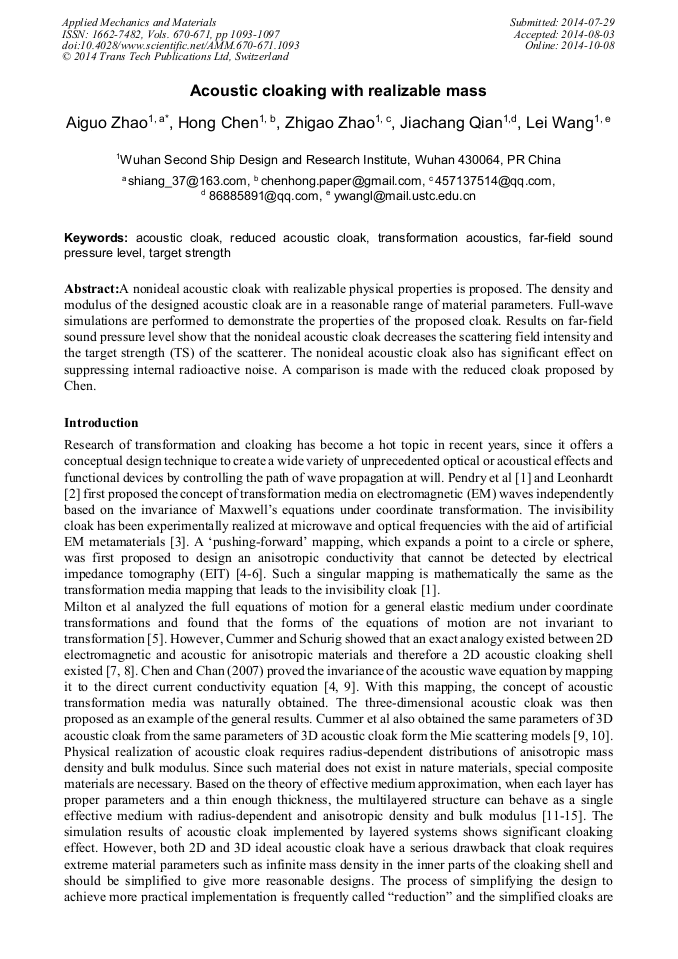Acoustic Cloaking with Realizable Mass | Scientific.Net