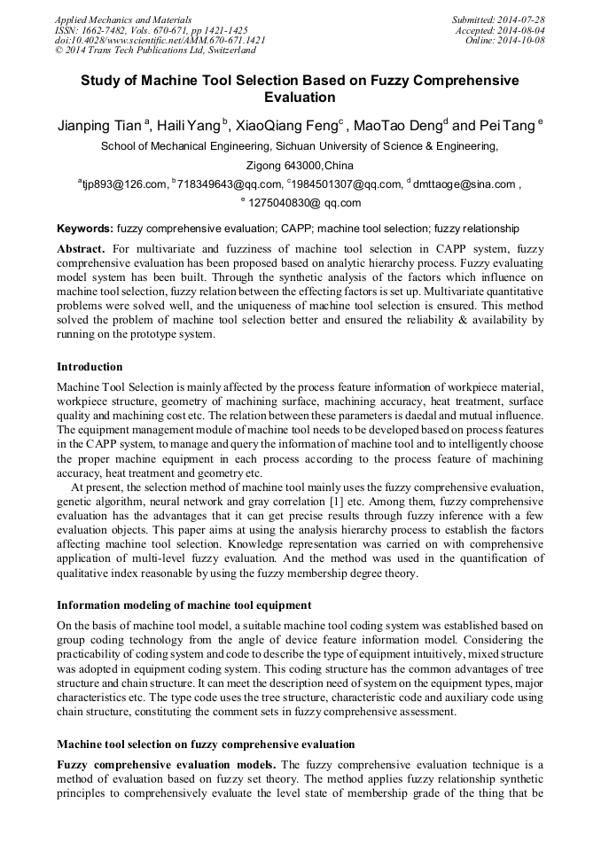 Study of Machine Tool Selection Based on Fuzzy Comprehensive Evaluation | Scientific.Net