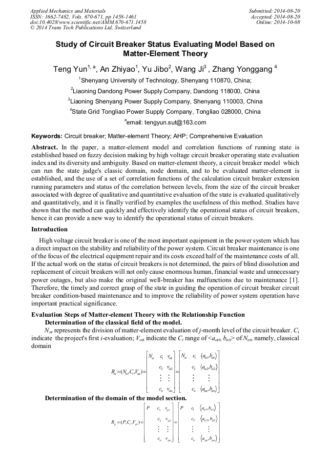 Study of Circuit Breaker Status Evaluating Model Based on Matter ...