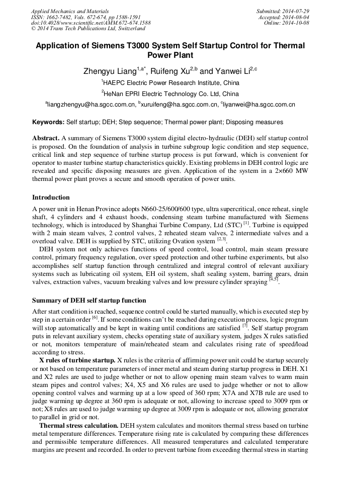Application of Siemens T3000 System Self Startup Control for Thermal ...