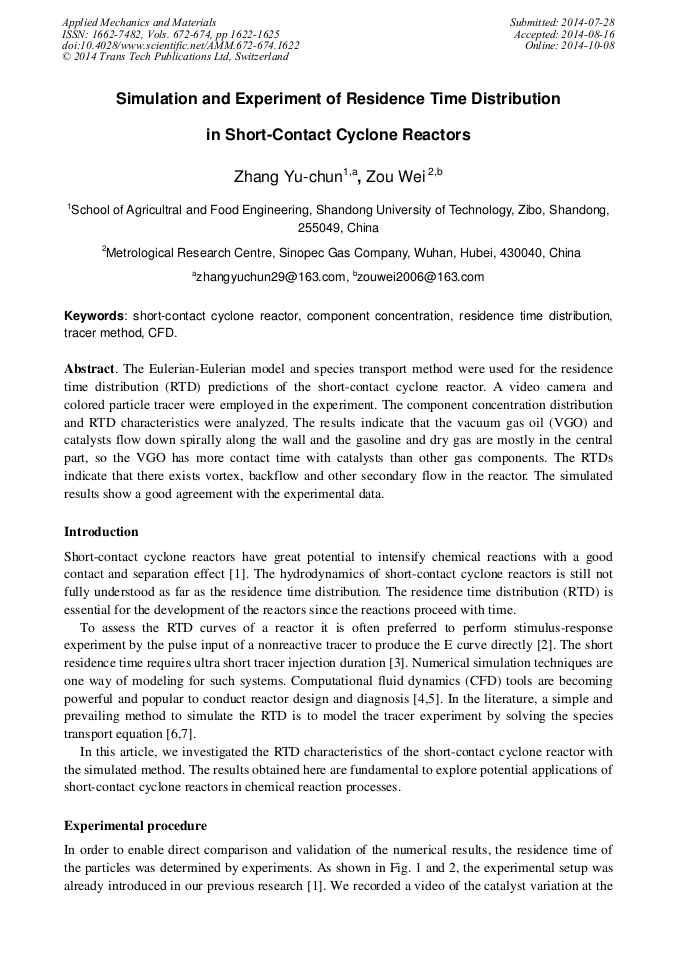 Simulation and Experiment of Residence Time Distribution in Short ...
