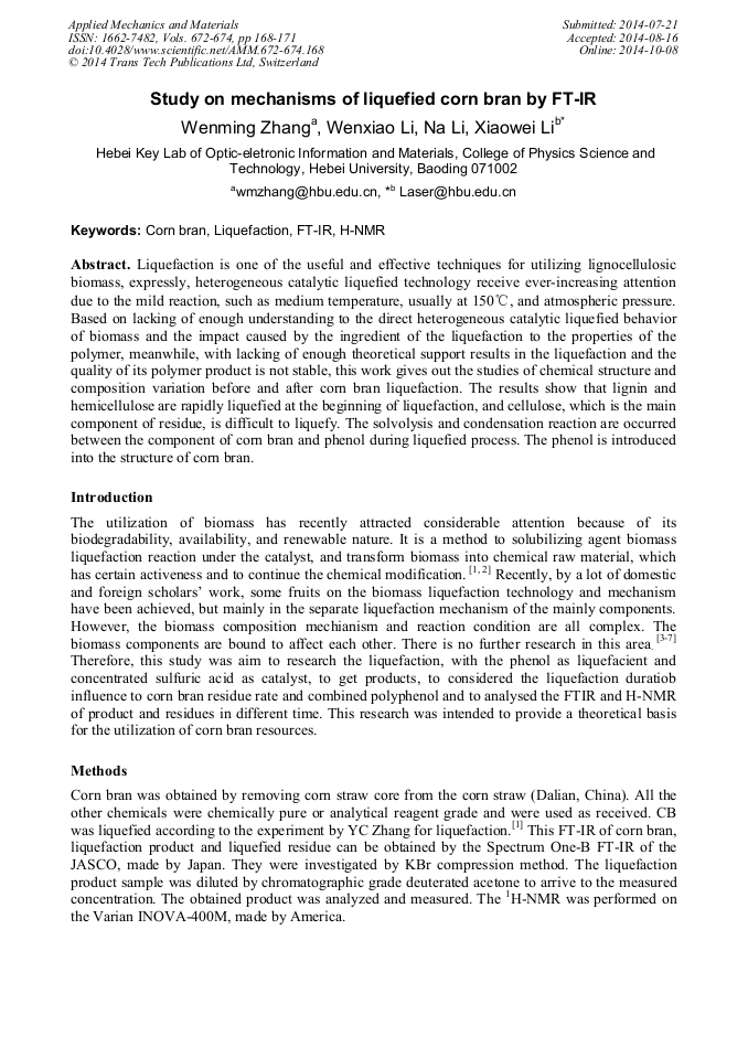 Study on Mechanisms of Liquefied Corn Bran by FT-IR | Scientific.Net