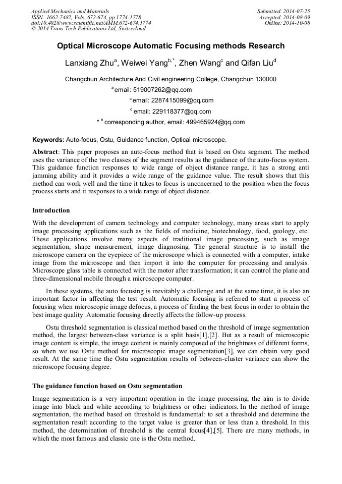 Optical Microscope Automatic Focusing Methods Research | Scientific.Net