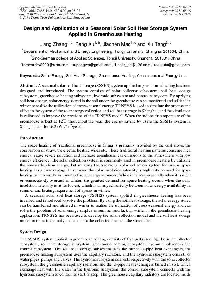 Design and Application of a Seasonal Solar Soil Heat Storage System ...