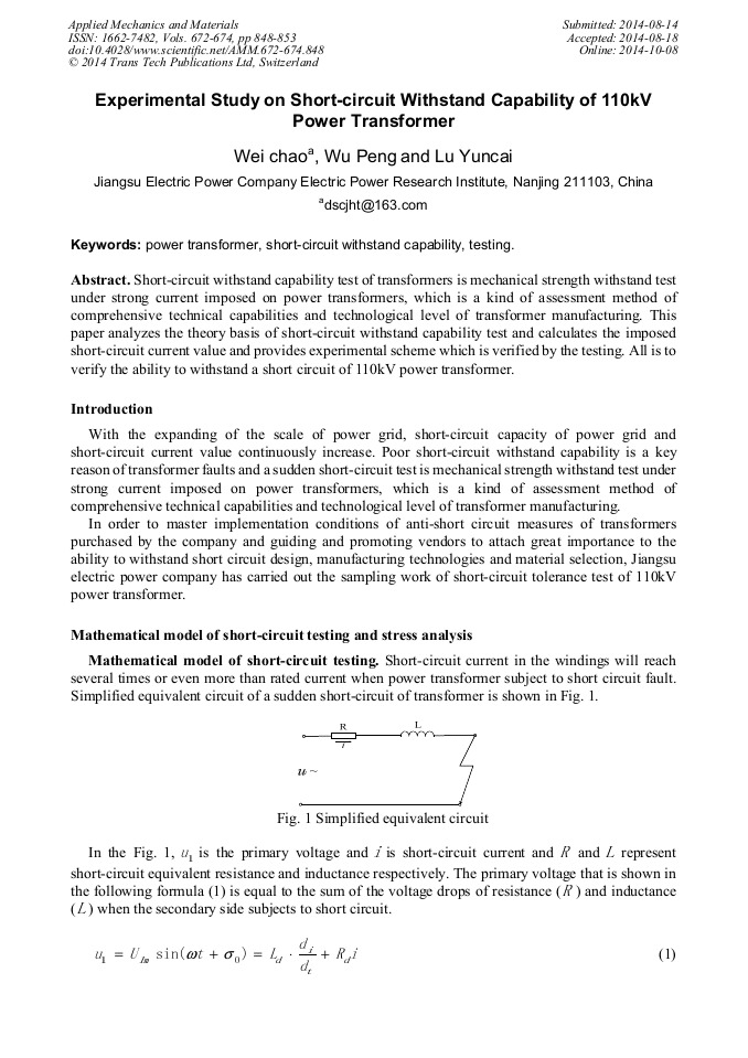 Experimental Study on Short-Circuit Withstand Capability of 110kV Power ...