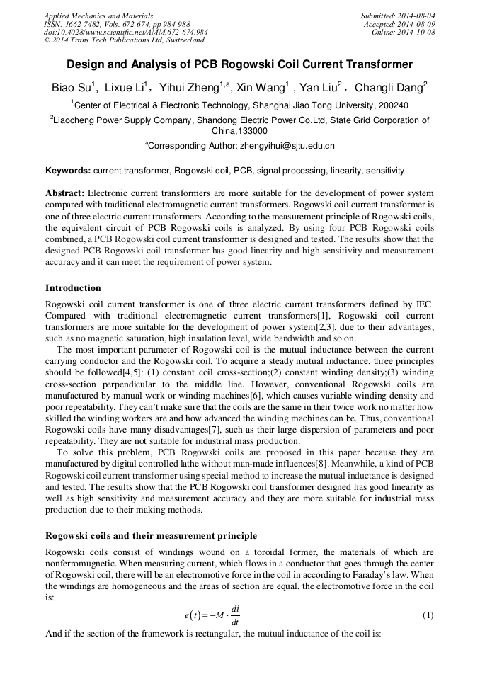 Design and Analysis of PCB Rogowski Coil Current Transformer | Scientific.Net