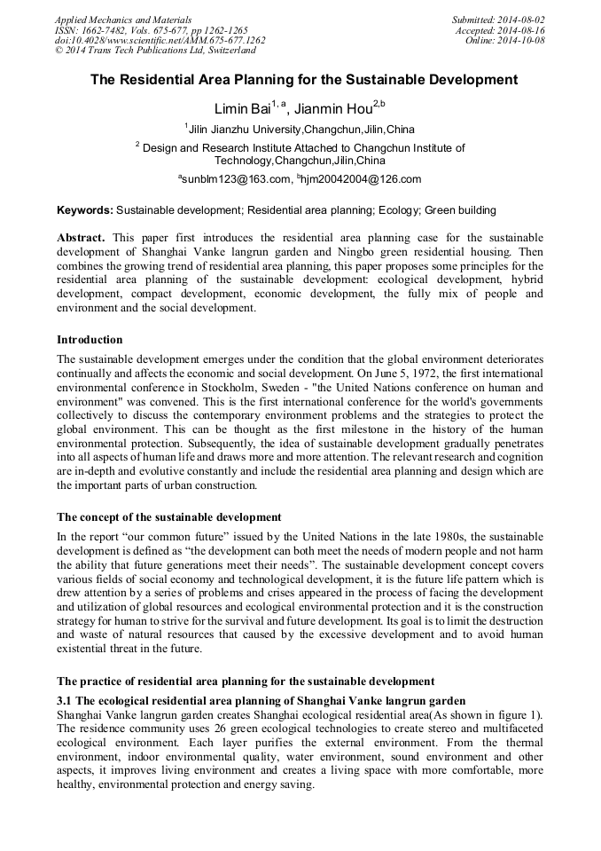 The Residential Area Planning for the Sustainable Development ...