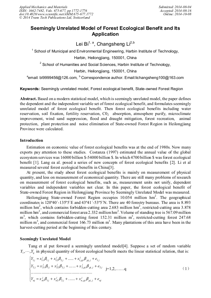Seemingly Unrelated Model of Forest Ecological Benefit and its ...
