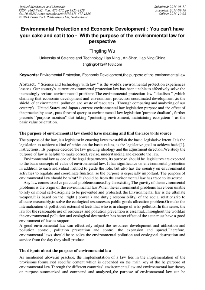 Environmental Protection and Economic Development: You Can't Have your ...