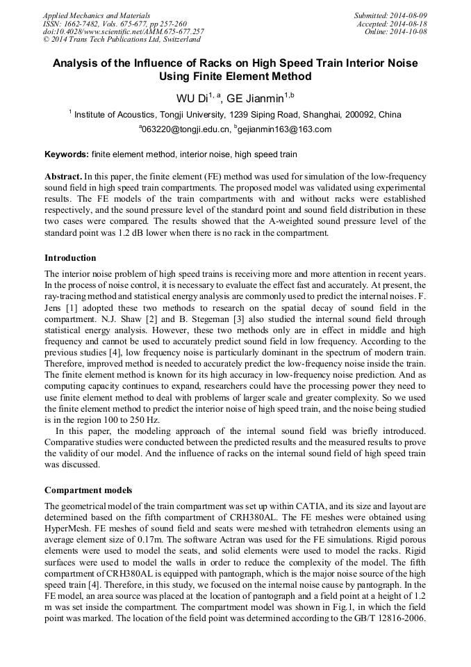 Analysis of the Influence of Racks on High Speed Train Interior Noise ...