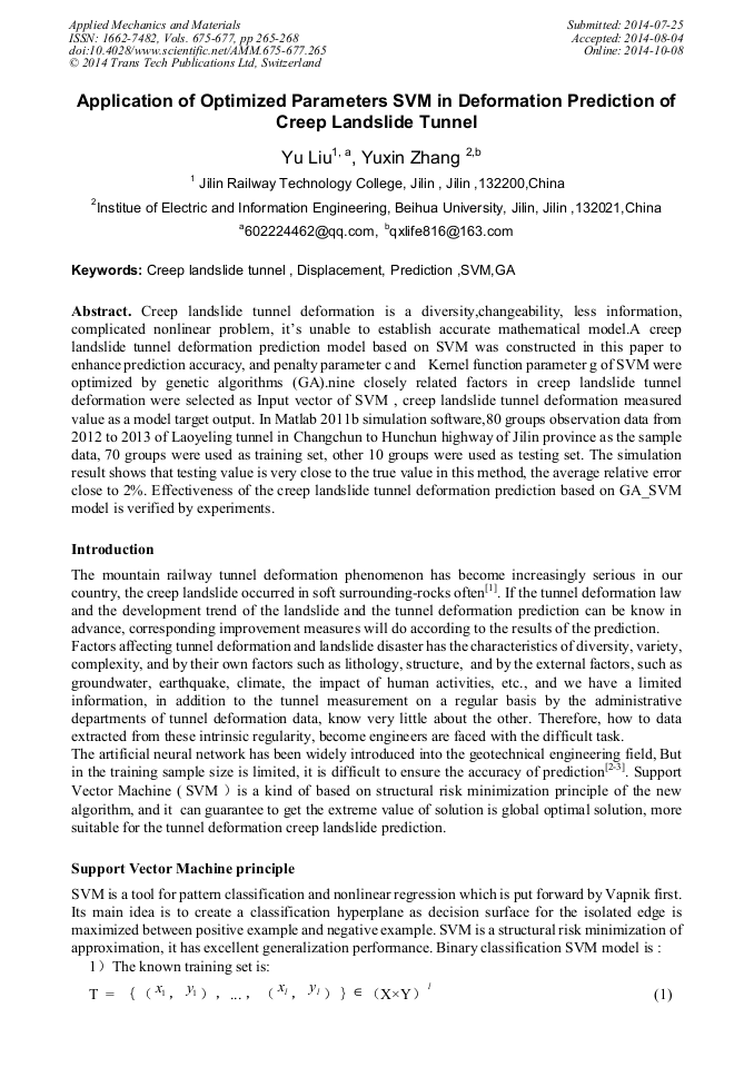 Application of Optimized Parameters SVM in Deformation Prediction of Creep Landslide Tunnel ...
