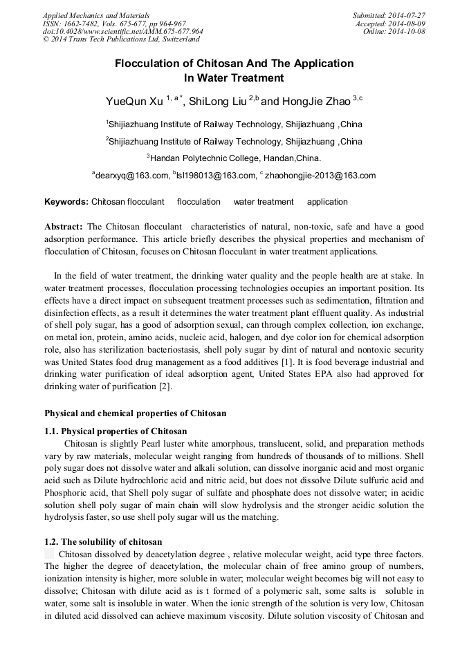 Flocculation of Chitosan and the Application in Water Treatment ...