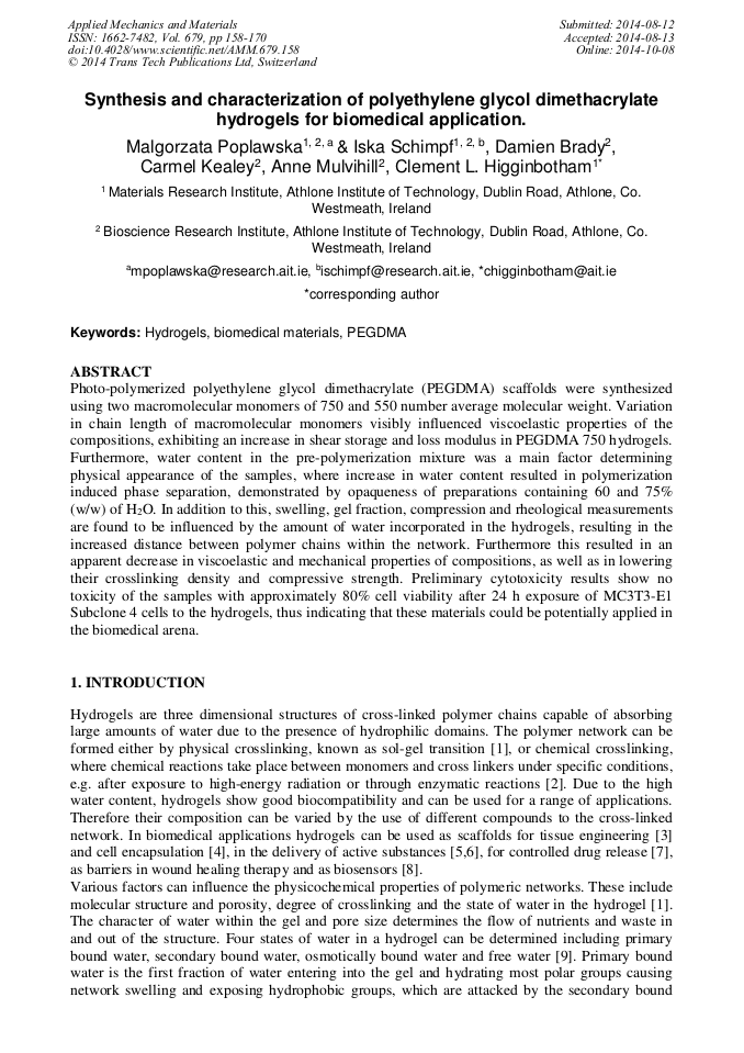 Synthesis and Characterization of Polyethylene Glycol Dimethacrylate ...