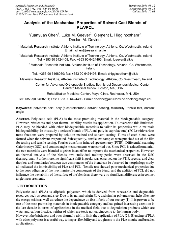 Analysis of the Mechanical Properties of Solvent Cast Blends of PLA/PCL ...