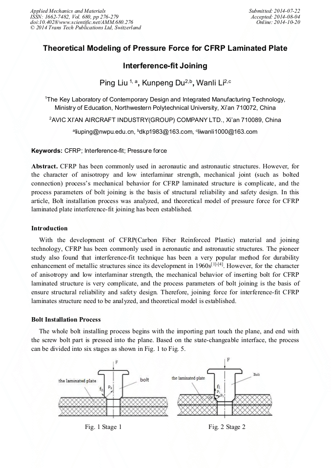 Theoretical Modeling of Pressure Force for CFRP Laminated Plate Interference-Fit Joining ...