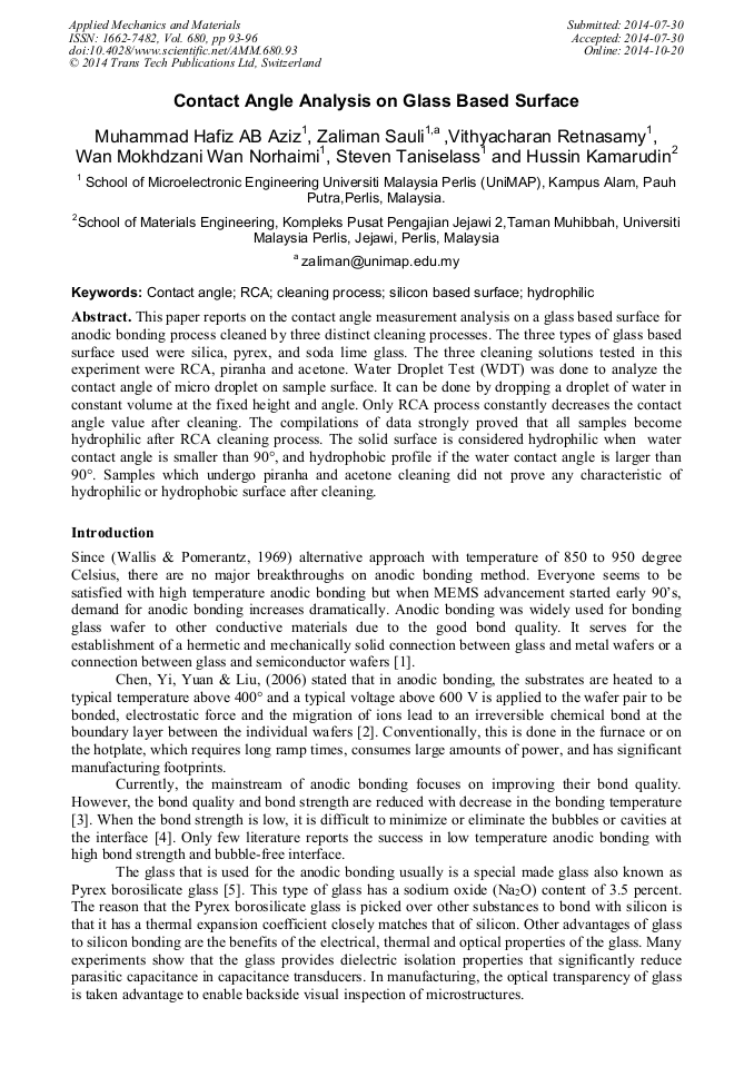 Contact Angle Analysis on Glass Based Surface | Scientific.Net