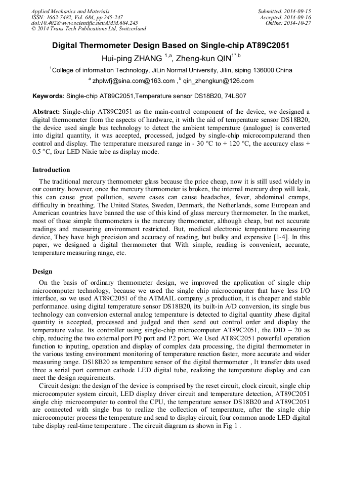 Digital Thermometer Design Based on Single-Chip AT89C2051 | Scientific.Net