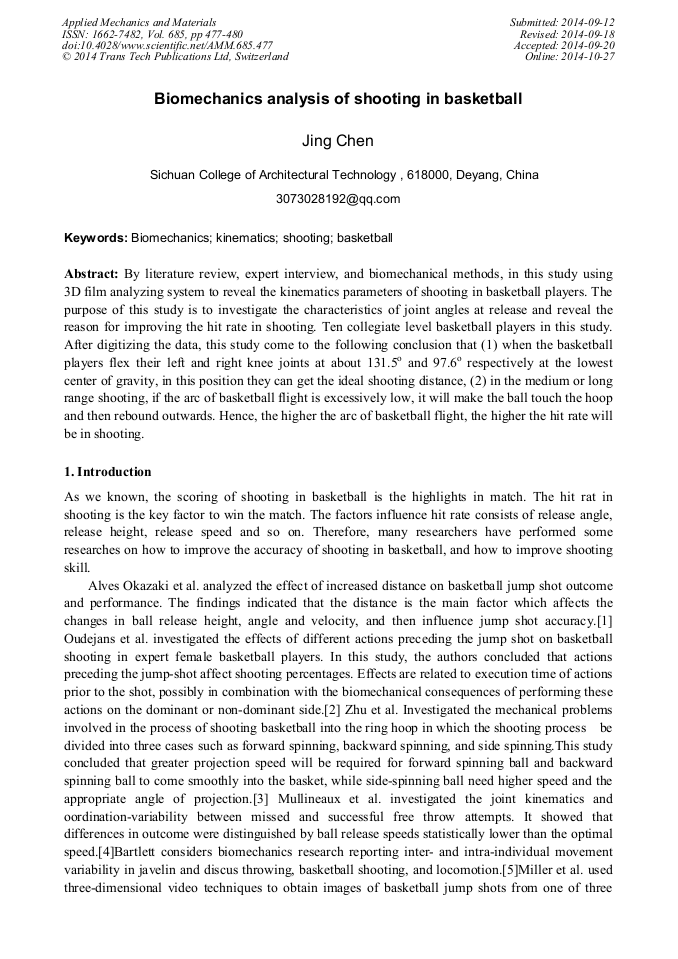 Biomechanics Analysis of Shooting in Basketball | Scientific.Net