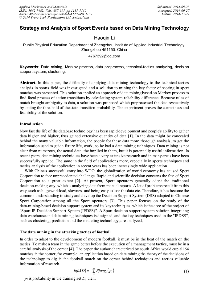 Strategy and Analysis of Sport Events Based on Data Mining Technology ...