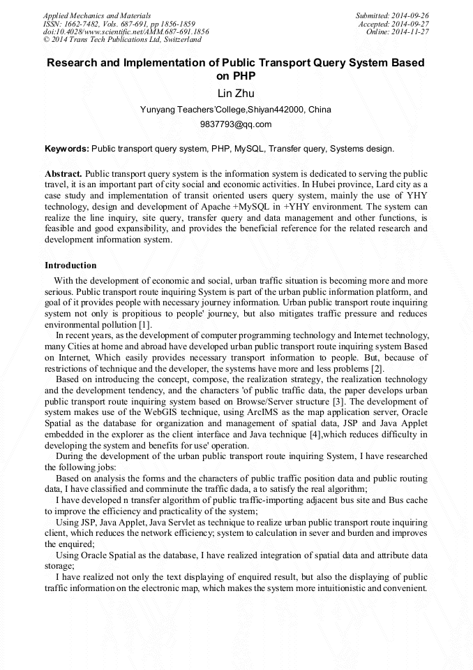 Research and Implementation of Public Transport Query System Based on PHP | Scientific.Net
