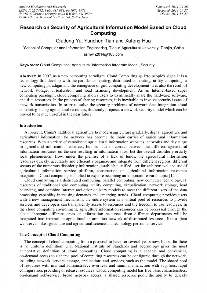 Research on Security of Agricultural Information Model Based on Cloud Computing | Scientific.Net