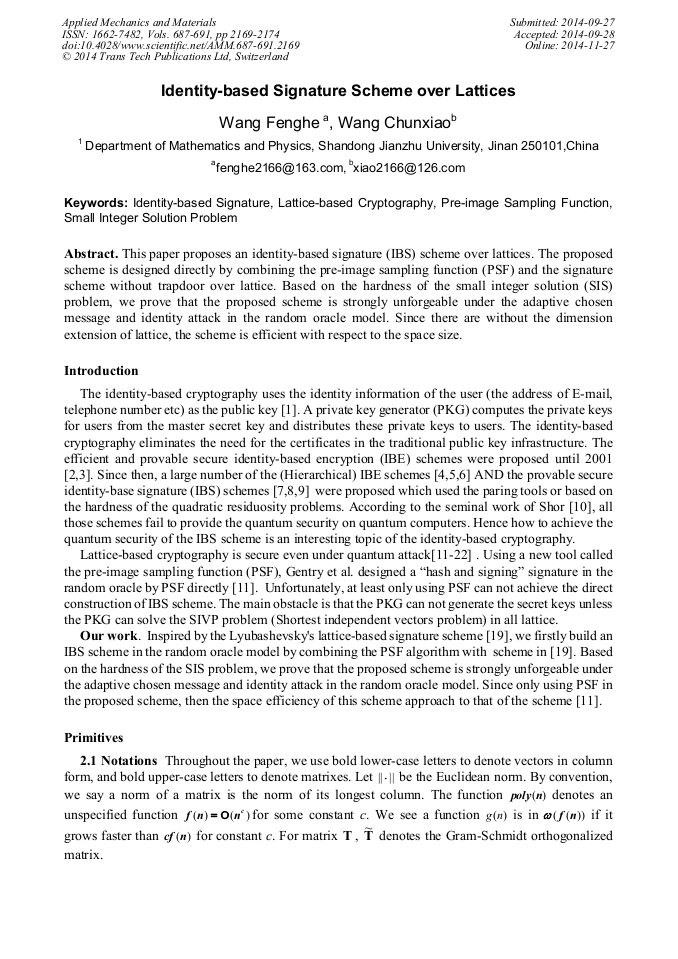 Identity-Based Signature Scheme over Lattices | Scientific.Net