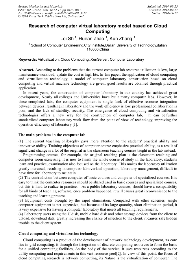 Research of Computer Virtual Laboratory Model Based on Cloud Computing | Scientific.Net