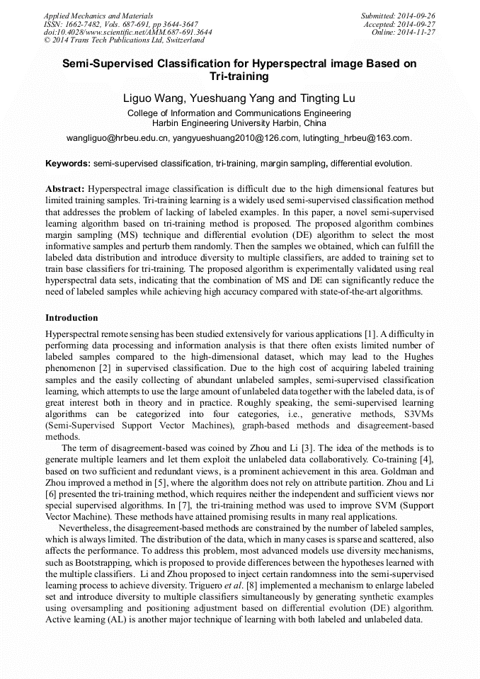 Semi Supervised Classification For Hyperspectral Image Based On Tri