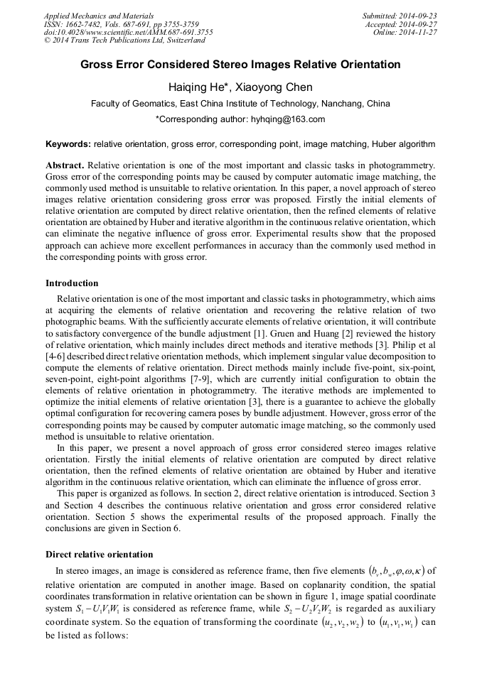 Gross Error Considered Stereo Images Relative Orientation | Scientific.Net