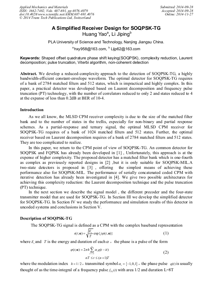 A Simplified Receiver Design for SOQPSK-TG | Scientific.Net