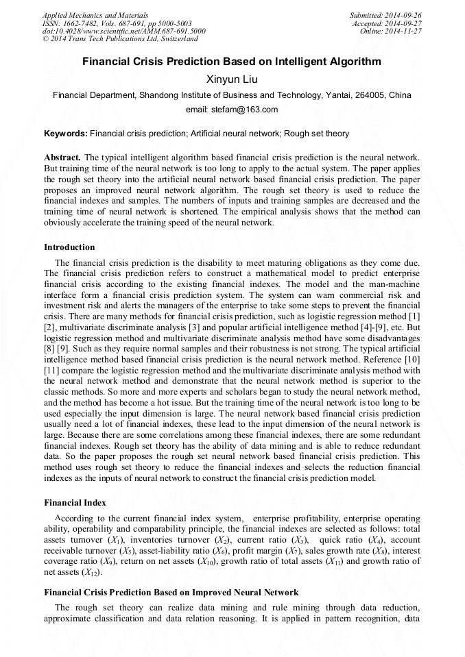 Financial Crisis Prediction Based on Intelligent Algorithm | Scientific.Net