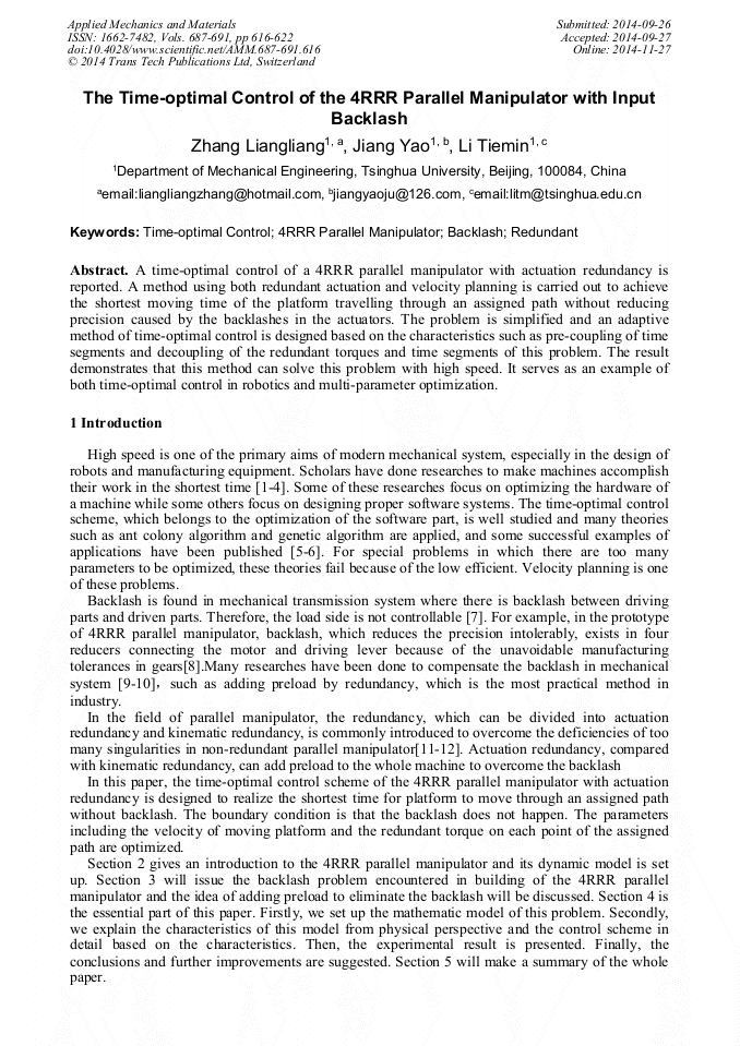 The Time-Optimal Control of the 4RRR Parallel Manipulator with Input ...
