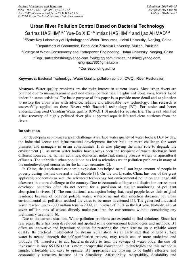 Urban River Pollution Control Based on Bacterial Technology ...