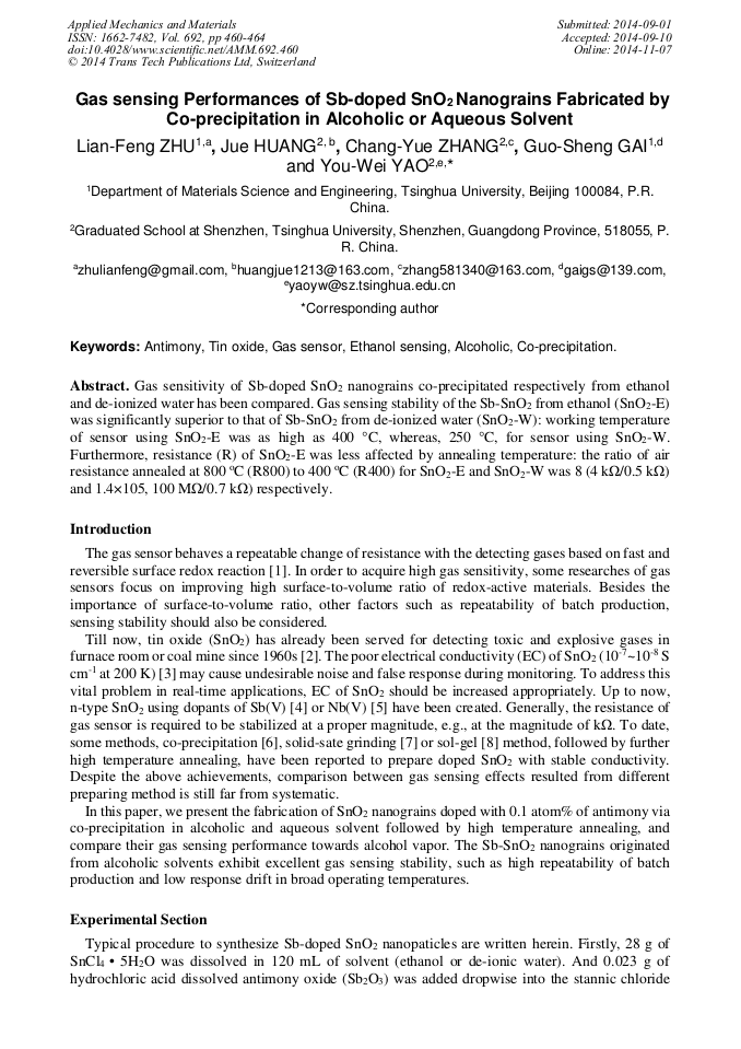 Gas Sensing Performances of Sb-Doped SnO2 Nanograins Fabricated by Co ...