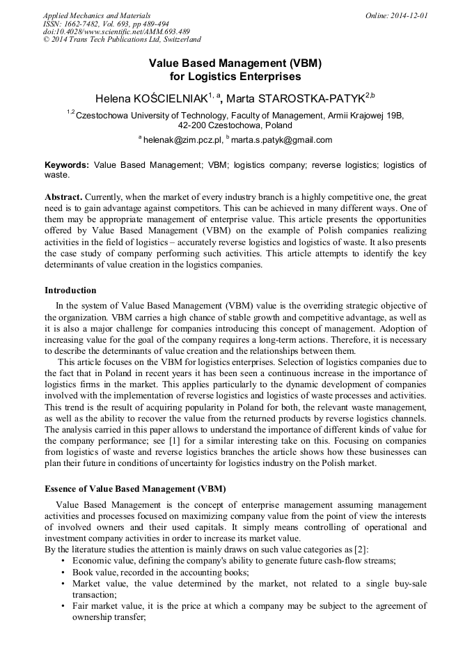 Value Based Management (VBM) for Logistics Enterprises | Scientific.Net