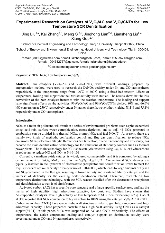 Experimental Research on Catalysts of V2O5/AC and V2O5/CNTs for Low ...