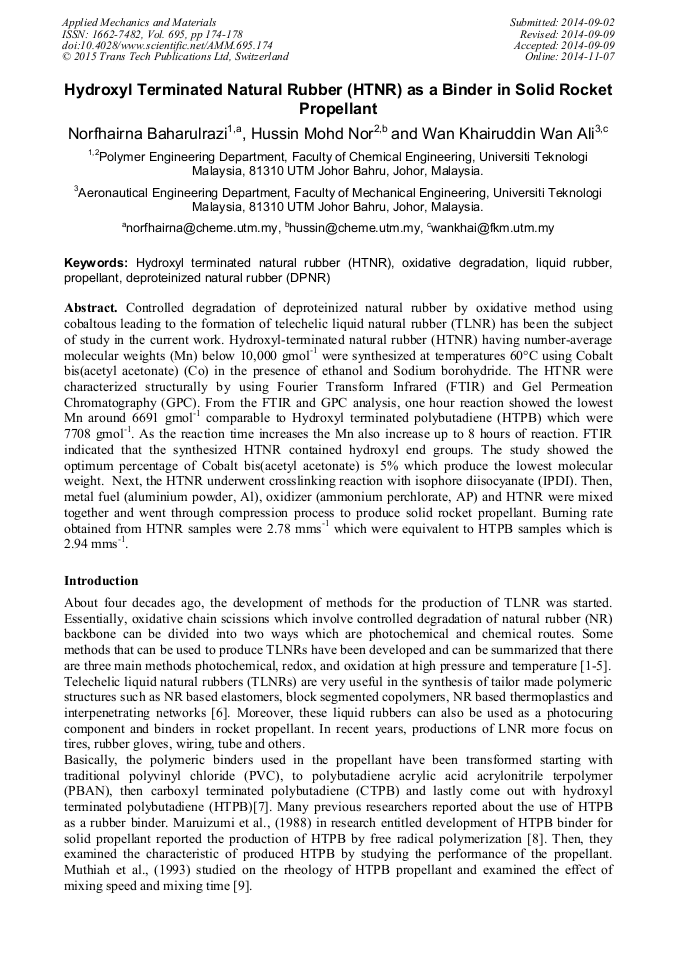 Hydroxyl Terminated Natural Rubber (HTNR) as a Binder in Solid Rocket ...