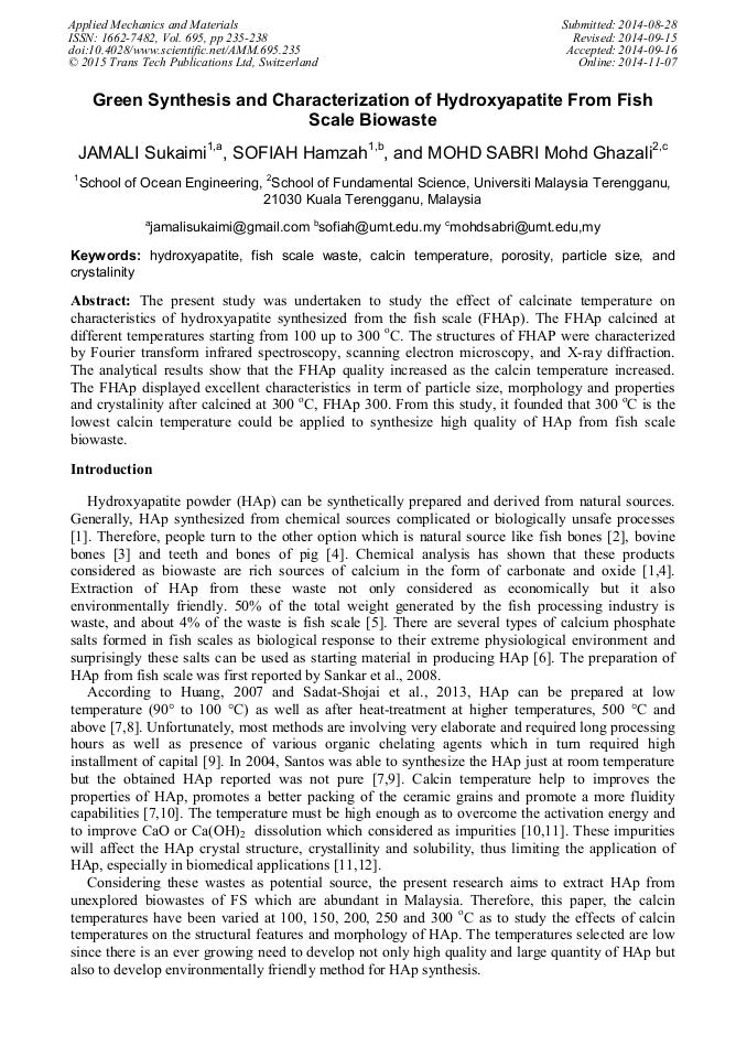 Green Synthesis and Characterization of Hydroxyapatite from Fish Scale ...