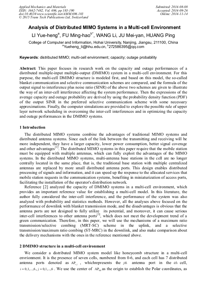 Analysis of Distributed MIMO Systems in a Multi-Cell Environment ...
