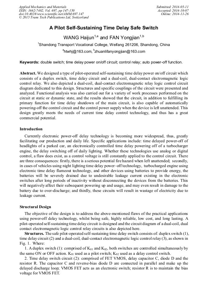 A Pilot Self-Sustaining Time Delay Safe Switch | Scientific.Net