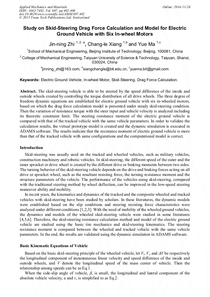 Study on Skid-Steering Drag Force Calculation and Model for Electric ...