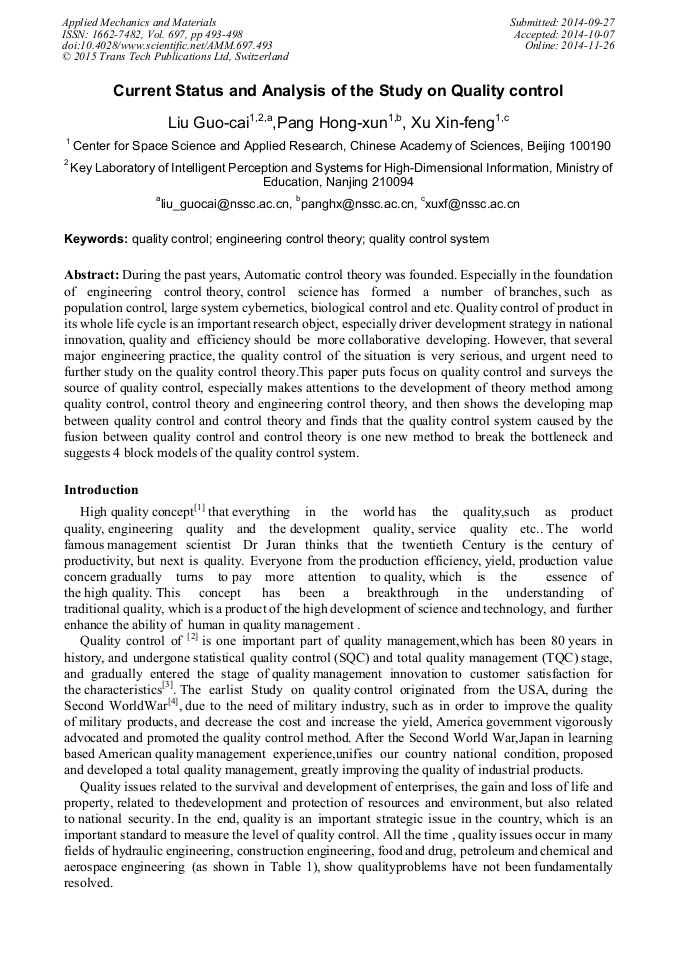 Current Status and Analysis of the Study on Quality Control ...